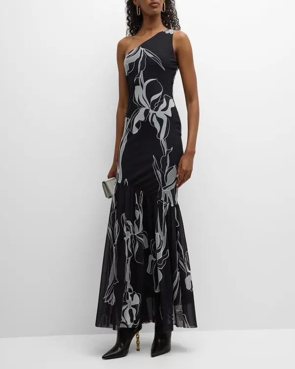 Fuzzi One-Shoulder Floral-Print Tulle Maxi Dress In Nero 57% Off