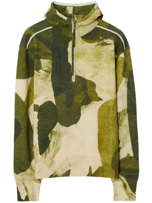 Burberry Camouflage-Print Half-Zip Hoodie In Green - 64% Off