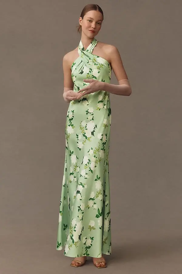 Bhldn Ruby Twist Halter Satin Gown - Spring Green Peony Bouquet