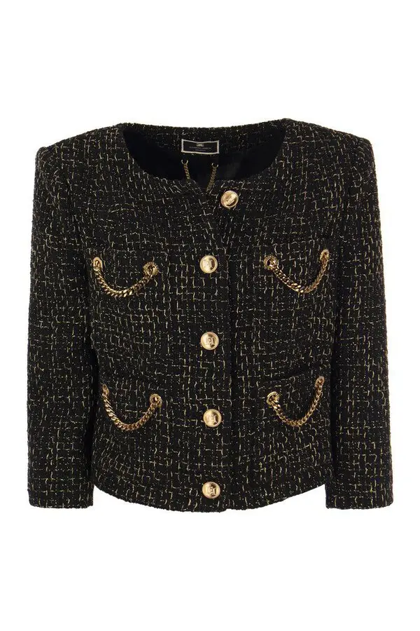 Buy Elisabetta Franchi Short Lurex Tweed Jacket With Chains - Black At ...