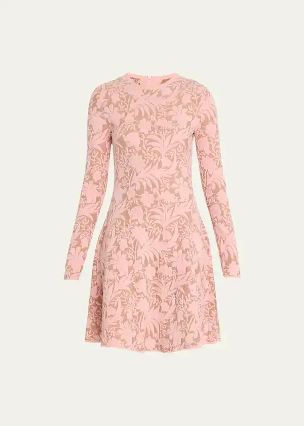 Lela Rose Floral Jacquard Long-Sleeve Fit-&-Flare Dress Blush