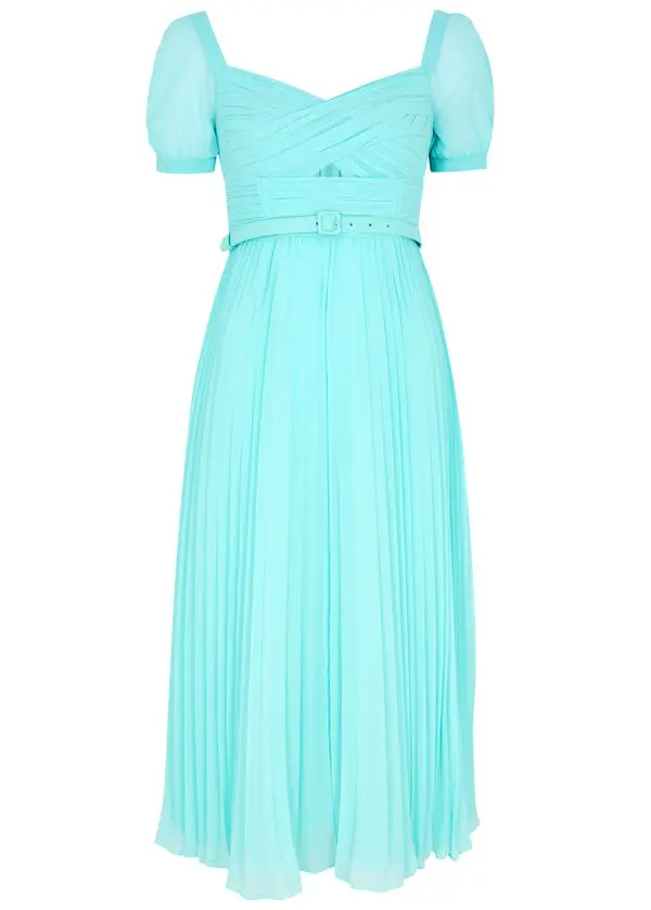 Self-Portrait Pleated Chiffon Midi Dress - Turquoise | Editorialist
