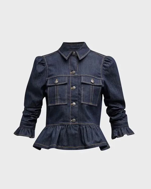 Cinq À Sept Delanie Scrunched-sleeve Peplum Denim Jacket - Indigo