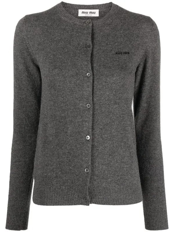 Miu Miu Logo-intarsia Fine-knit Cardigan - Grey