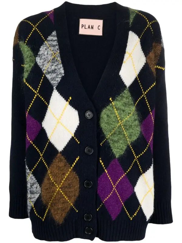 Plan C Argyle Intarsia-knit Cardigan