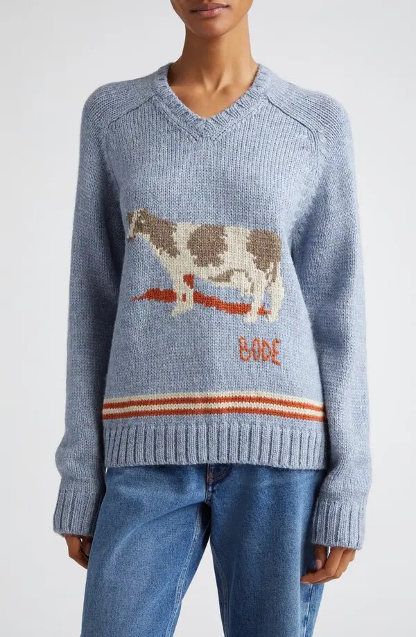 BODE Cattle Intarsia Wool Sweater - Blue | Editorialist