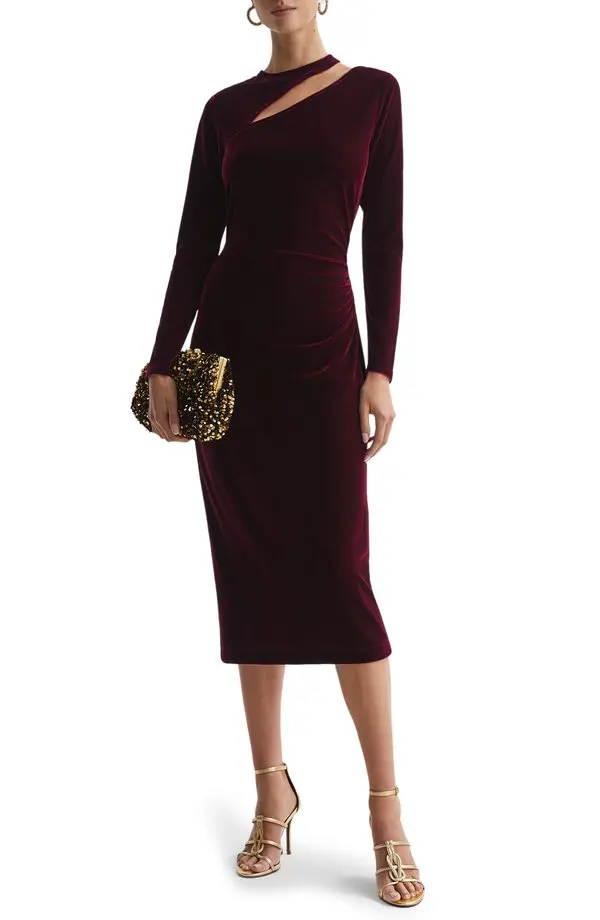 REISS Macey Cutout Long Sleeve Velvet Maxi Dress - Berry | Editorialist