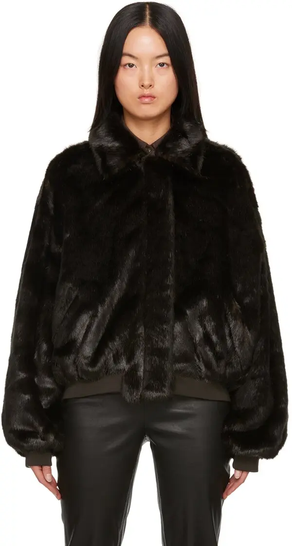The Frankie Shop Brown Pam Faux-Fur Bomber Jacket In Dark Espresso