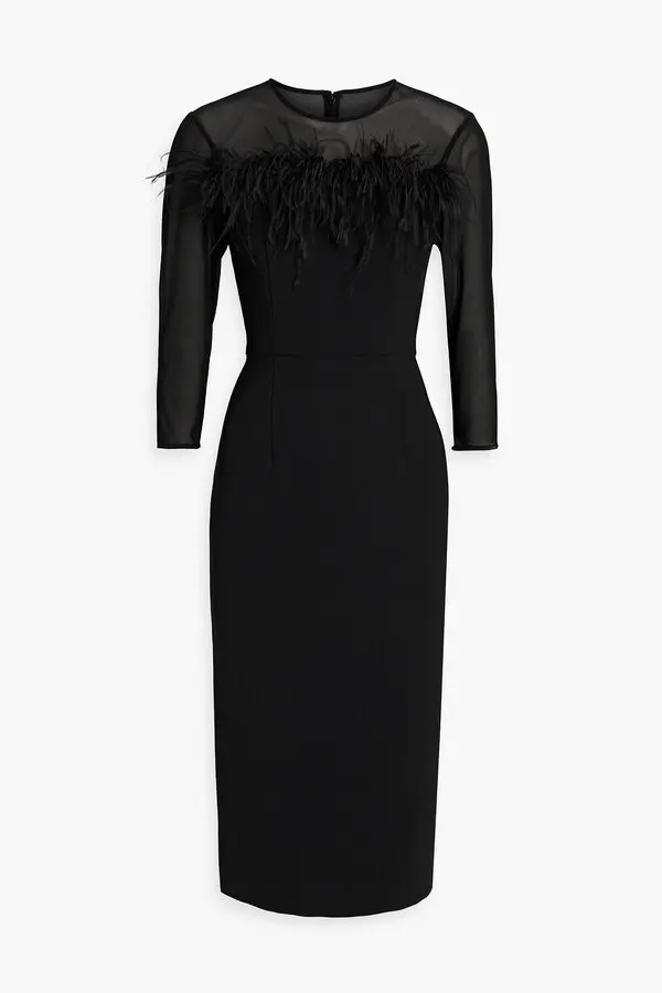 MIKAEL AGHAL Feather-embellished Tulle-paneled Crepe Midi Dress