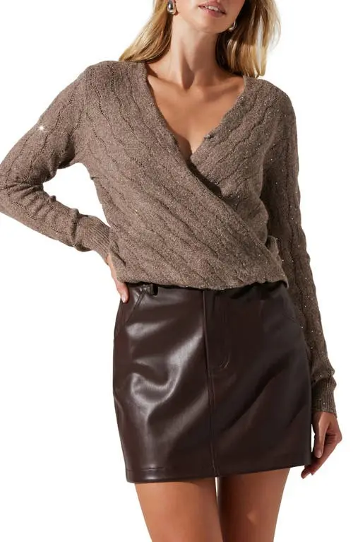 Astr The Label Metallic Sequin Surplice Cable Stitch Sweater - Fawn