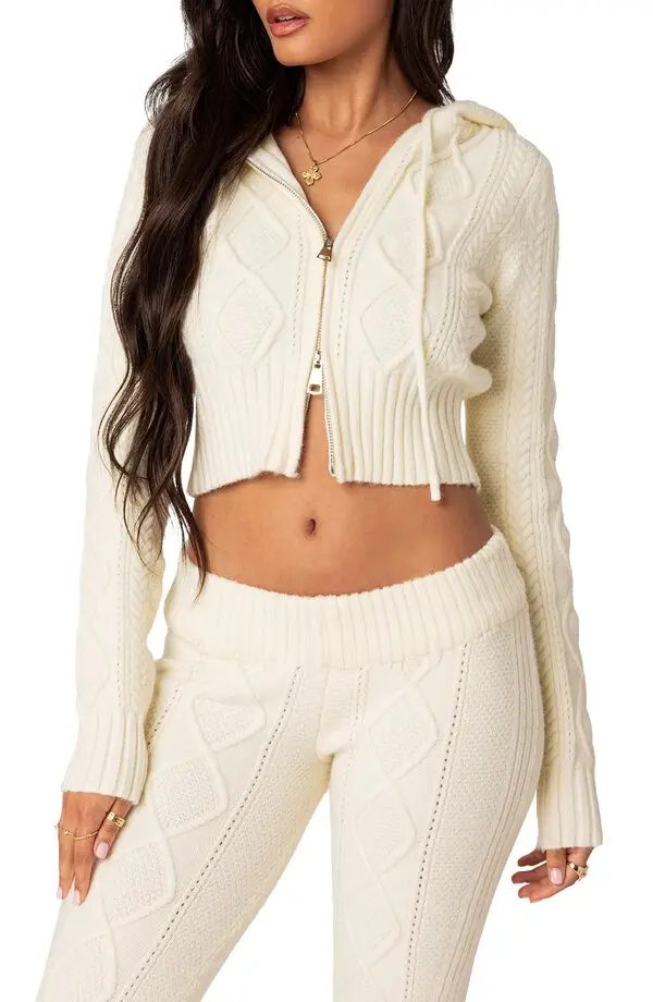 EDIKTED Ray Cable Stitch Hooded Crop Jacket - Cream | Editorialist