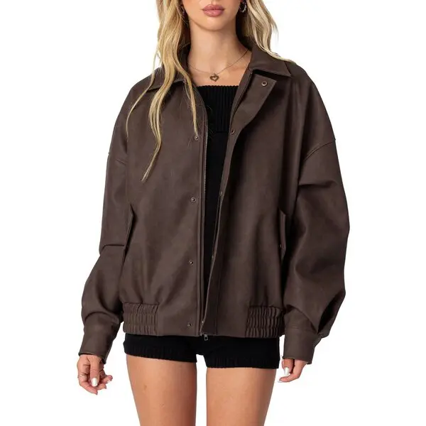 EDIKTED Mori Oversized Faux Leather Jacket - Brown