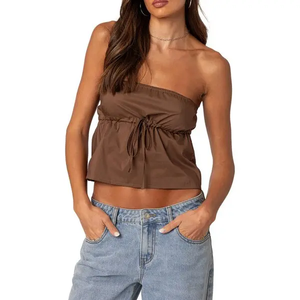 EDIKTED Reva Strapless Crop Top - Brown