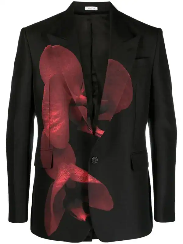 Alexander Mcqueen Ink Flower Wool-Blend Blazer In Black - 30% Off