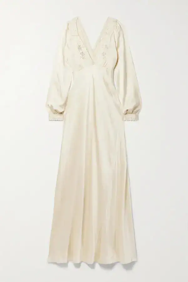 DEn Fiora Broderie Anglaise-Trimmed Silk-Satin Maxi Dress In Cream - 40%  Off | Editorialist