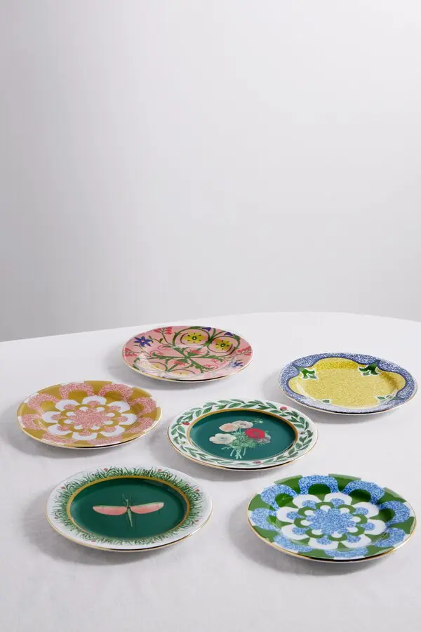 La DoubleJ Set Of Six 20cm Gold-plated Porcelain Dessert Plates - Multi