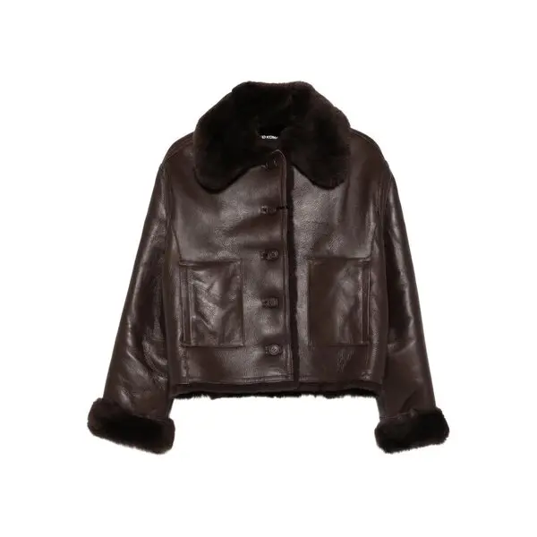 David Koma Leather Jacket With Faux Fur Collar - Brown