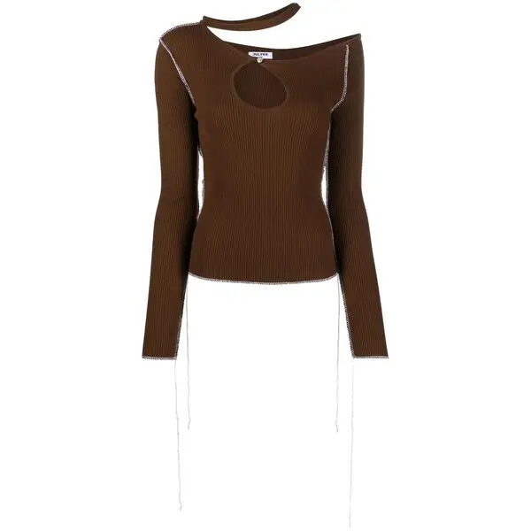 JULFER Ribbed Knit Cold-shoulder Top - Brown