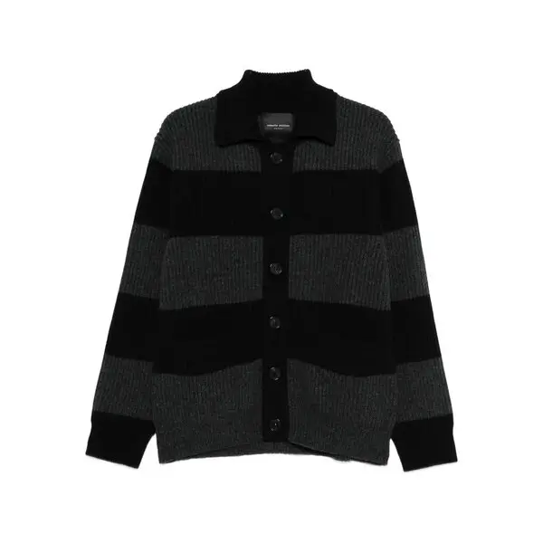 ROBERTO COLLINA Striped Polo Collar Cardigan - Black
