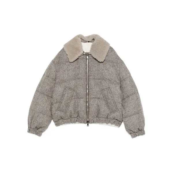 Brunello Cucinelli Herringbone Quilted Jacket With Shearling Collar - Grey