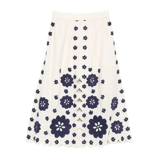 Sea Floral Embroidered Scalloped Skirt - Multicolor