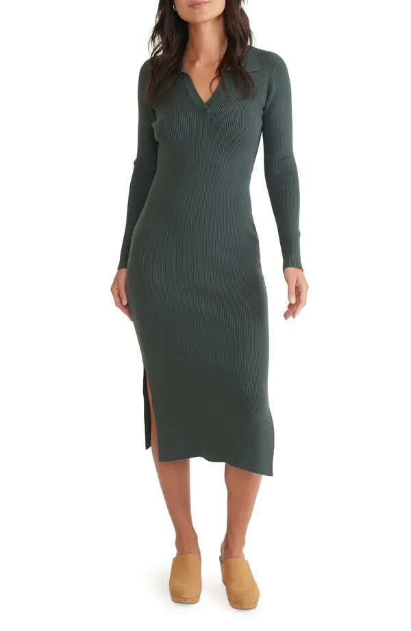 Marine Layer Lexi Polo Long Sleeve Rib Sweater Dress - Green Gables |  Editorialist