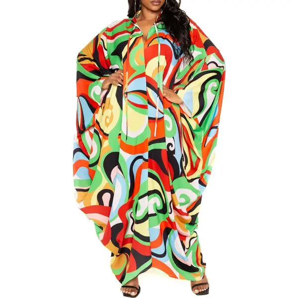 BUXOM COUTURE Geometric Print Caftan - Green Multi