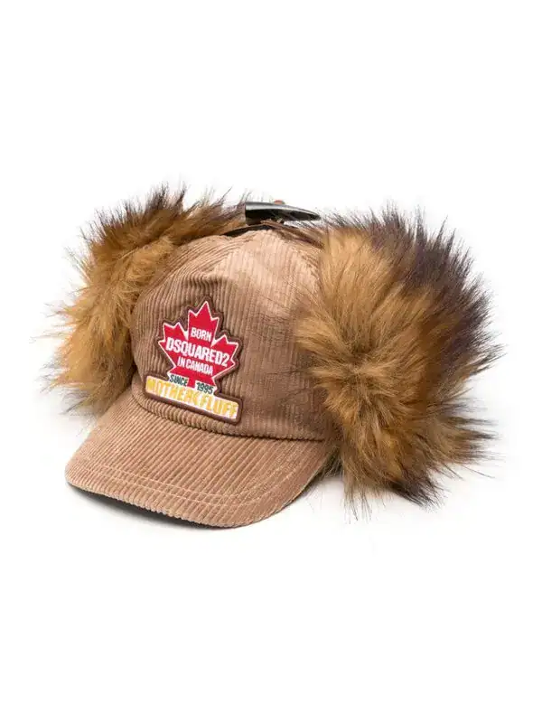 Dsquared2 Logo-Patch Faux-Fur Lining Corduroy Cap In Brown - 40