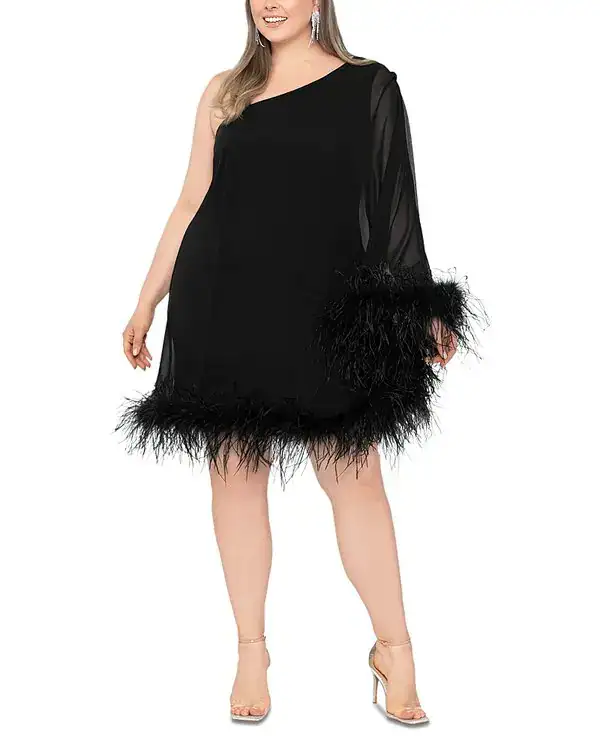 feather trim asymmetric dress Dame One Shoulder Feather Midi Dress - Black main image 1