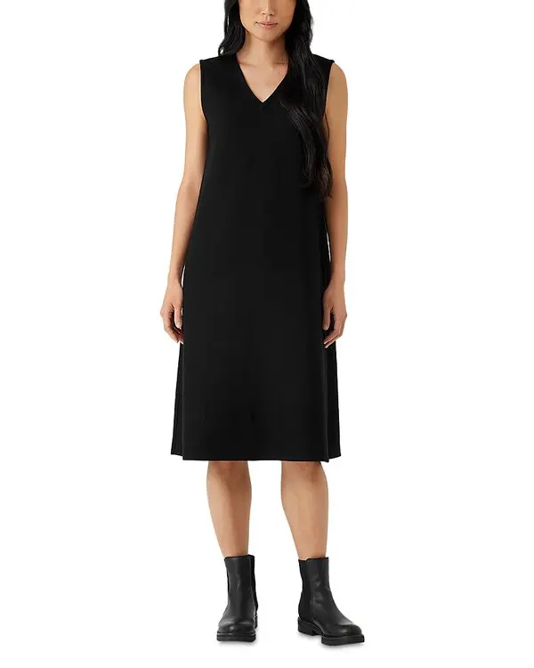 Eileen Fisher Sleeveless Wool V Neck Dress In Black 70% Off