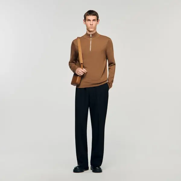 Sandro Wool Knitted Sweater With Zip - Beige