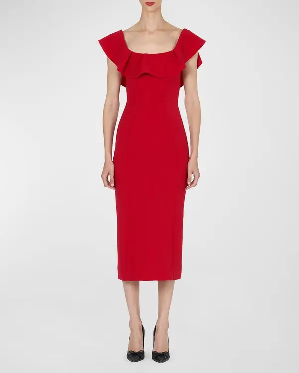 Carolina Herrera Ruffle Off-Shoulder Midi Dress Crimson