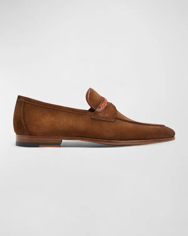 Magnanni Alligator & Suede Penny Loafers Cognac Editorialist