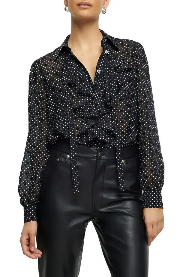 River Island Polka Dot Long Sleeve Ruffle Shirt In Black 40% Off