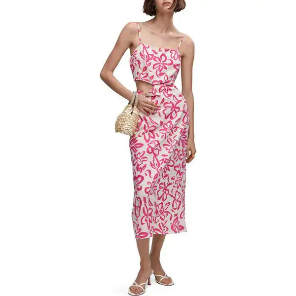 Mango Floral Cutout Linen-Blend Midi Dress In Fuchsia - 25% Off |  Editorialist