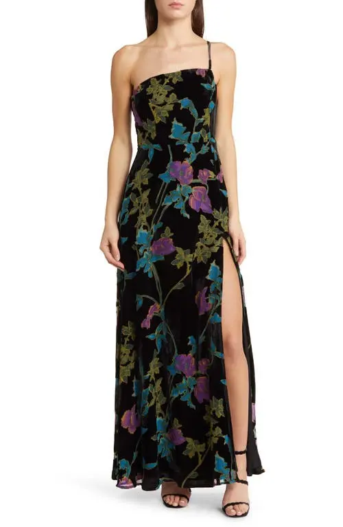 Lulus Luxurious Romance Floral Velvet Burnout One-Shoulder Gown In