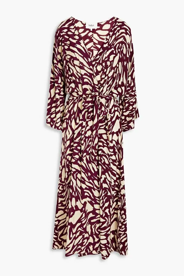 Ba&sh Goa Pleated Printed Crepe De Chine Midi Wrap Dress - Plum