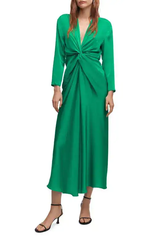 Mango Knot Long Sleeve Satin Dress In Emerald Green - 40% Off | Editorialist