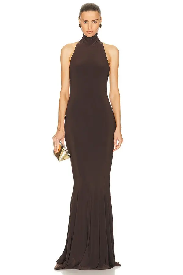 Norma Kamali Halter Turtleneck Fishtail Gown - Chocolate