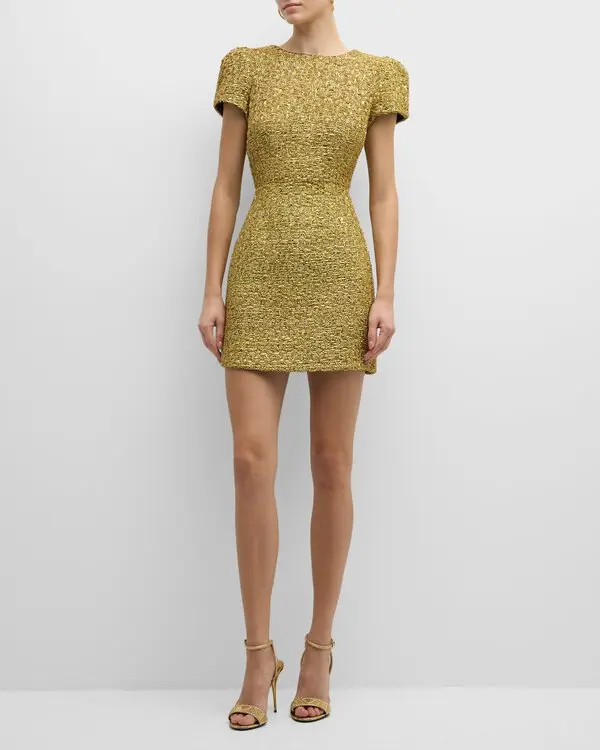 MILLY Rowen A-line Sequin Metallic Tweed Mini Dress - Gold | Editorialist