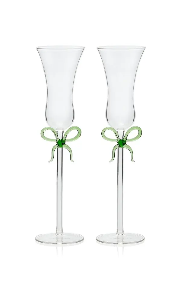 MODA DOMUS Set-of-two Bow-detailed Glass Champagne Flutes - Green