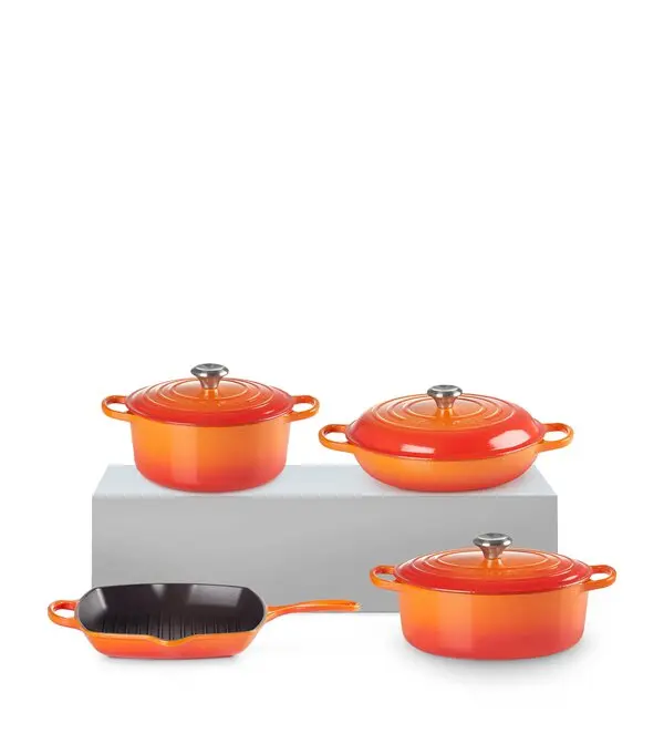 LE CREUSET Set Of 4 Cast Iron Casserole Dishes And Grillit - Orange