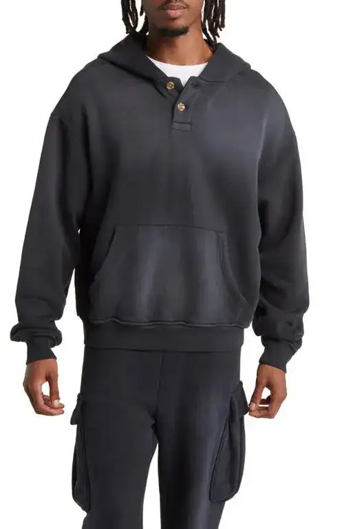 Elwood Button Placket Organic Cotton Hoodie In Black Ink 45% Off