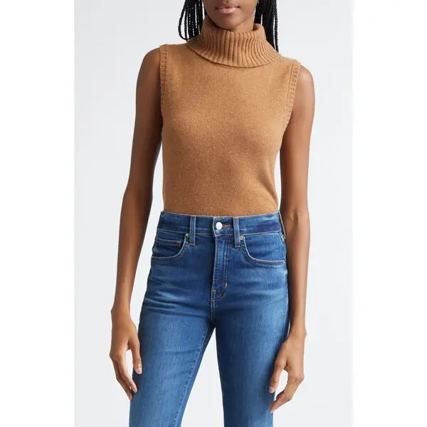 Veronica Beard Mazzy Sleeveless Cashmere Turtleneck Sweater - Dark Acorn Melange
