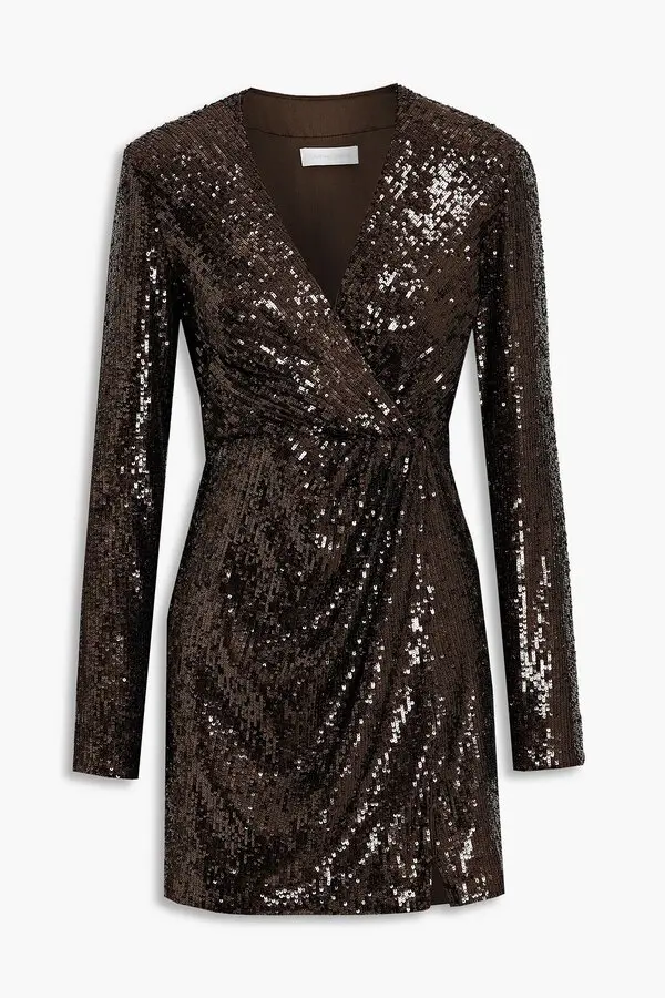 Simkhai Monty Wrap-effect Sequined Jersey Mini Dress - Chocolate