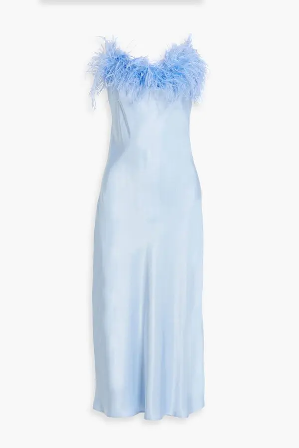 Sleeper Feather-embellished Satin Slip Midi Dress - Light Blue