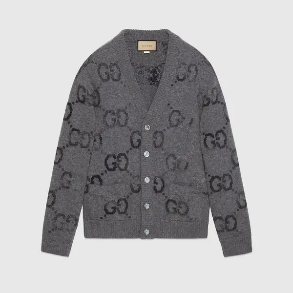 Gucci Wool Cardigan With Gg Intarsia - Black