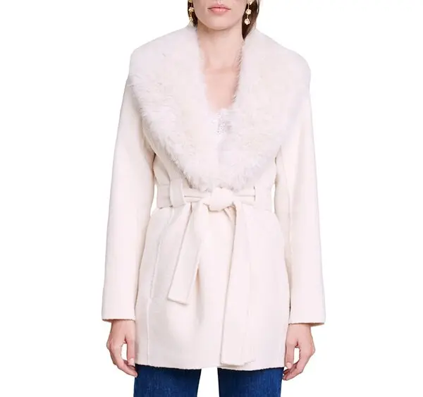 Maje Galaxyo Faux Fur Collar Coat - Ecru