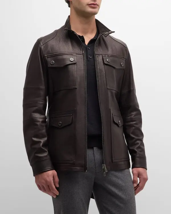 Isaia Leather Full-zip Field Jacket - Dark Brown | Editorialist