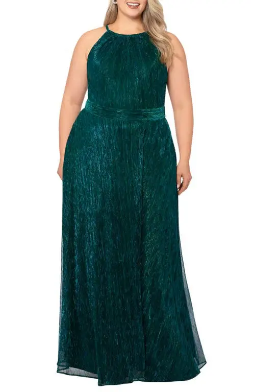 Betsy & Adam Metallic Crinkle A-line Gown